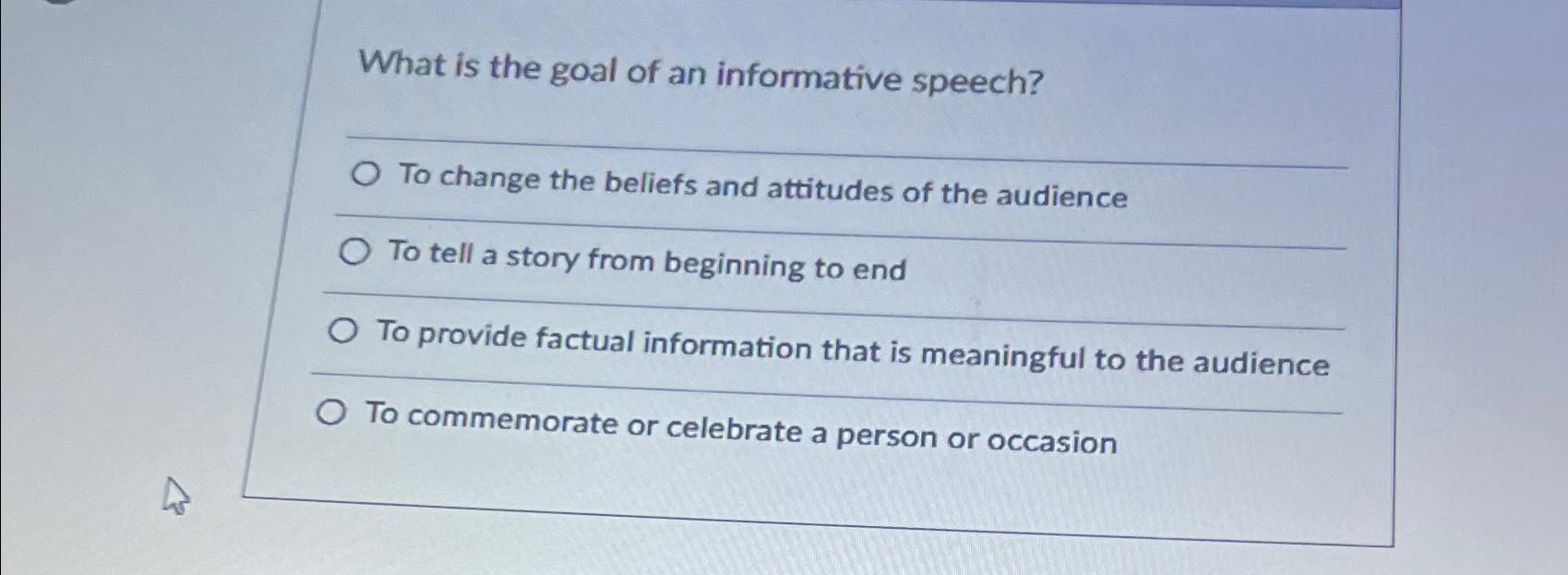 Solved What is the goal of an informative speech?To change | Chegg.com