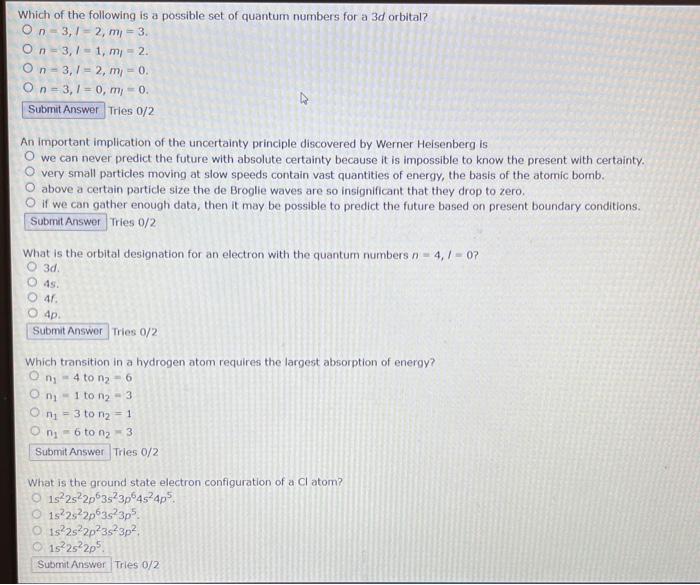 Solved Which of the following is a possible set of quantum | Chegg.com