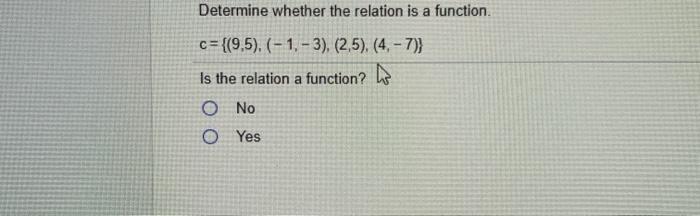 Solved Determine whether the relation is a function. c= | Chegg.com