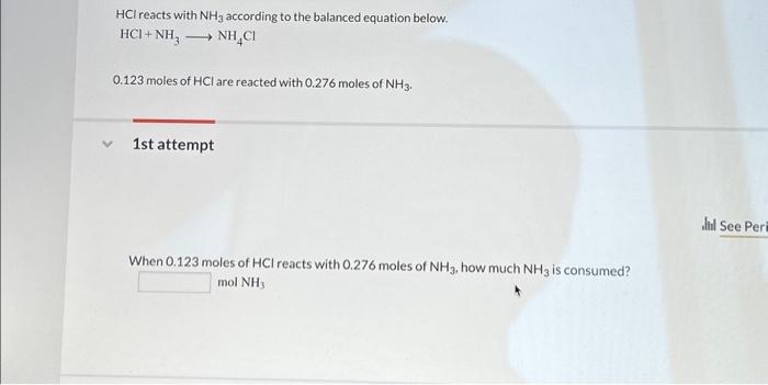 Solved HCI reacts with NH3 according to the balanced | Chegg.com