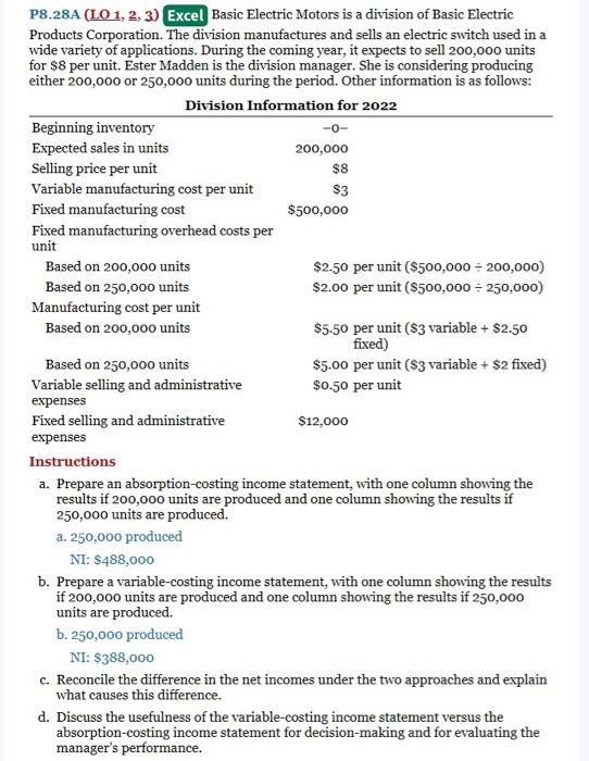 Solved P8.28A ( LO1,2,3) Excel Basic Electric Motors is a | Chegg.com