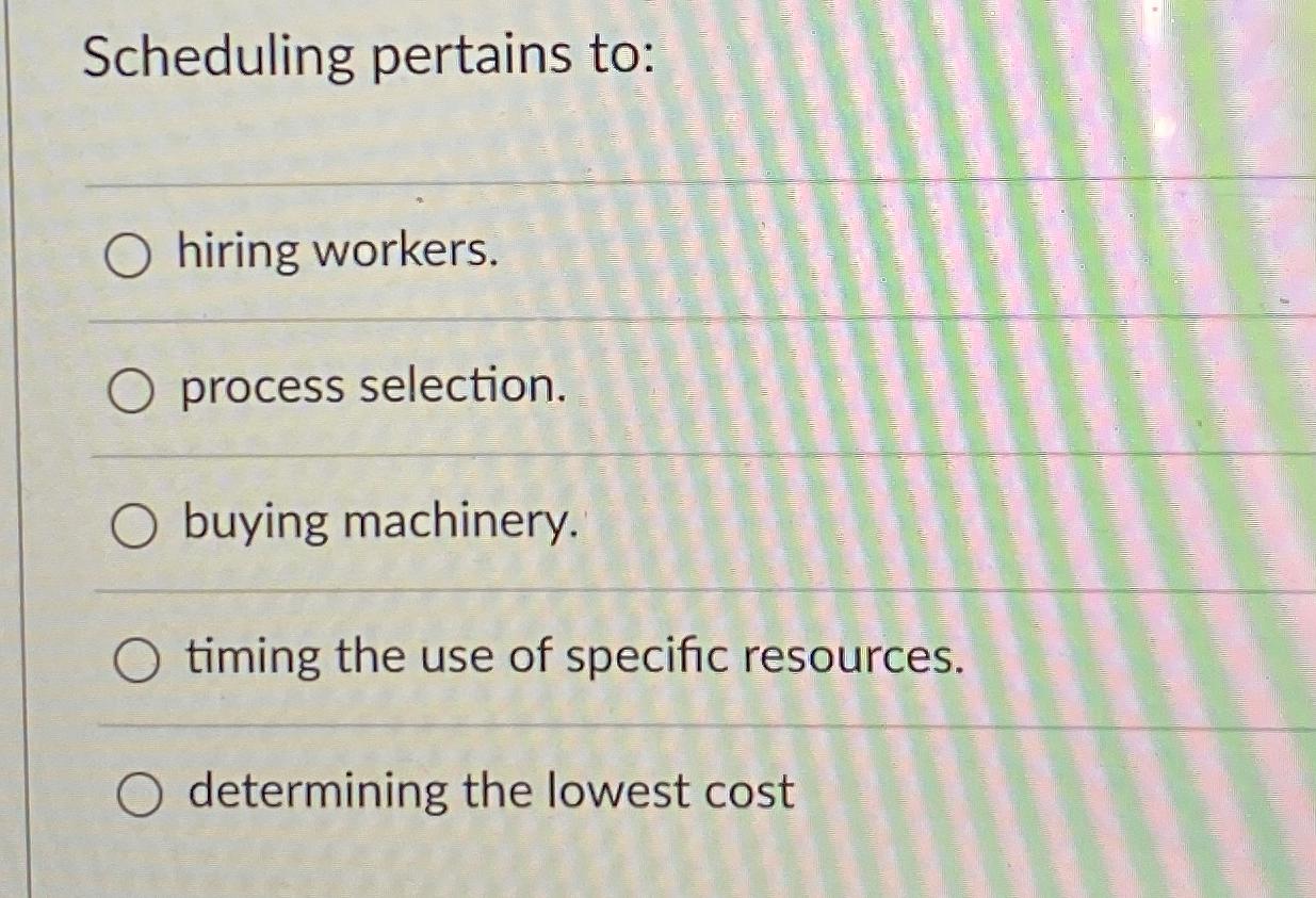 Solved Scheduling pertains to:hiring workers.process | Chegg.com