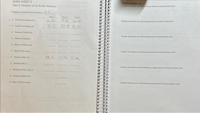 Solved DATA SHEET 2 Part II: Titration of an Acidic Solution | Chegg.com