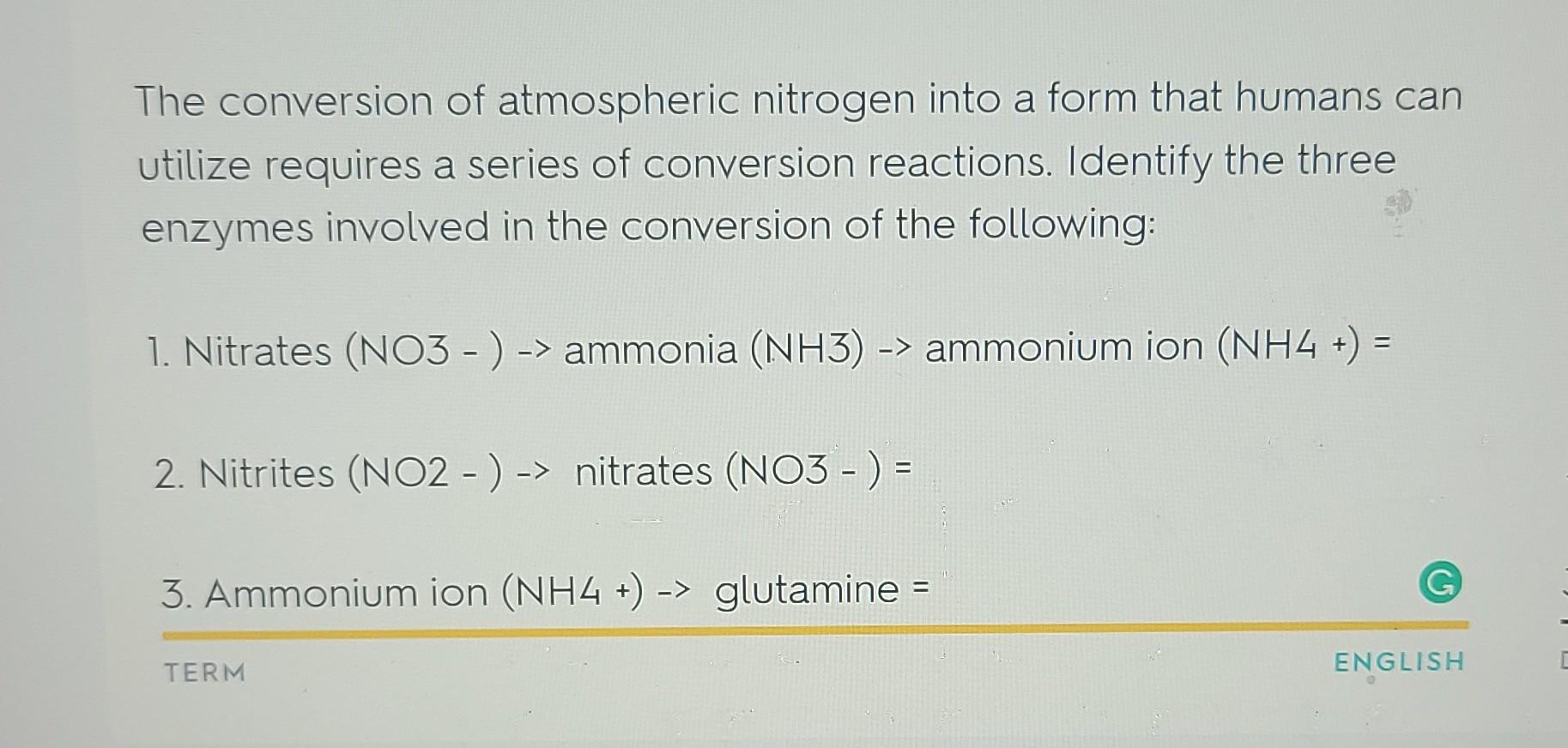 Solved The conversion of atmospheric nitrogen into a form | Chegg.com