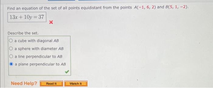 Solved Find an equation of the set of all points equidistant | Chegg.com