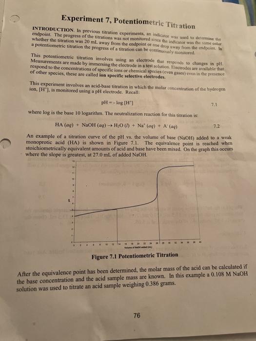 Experiment 7, Potentiometric Titration REPORT NAME | Chegg.com