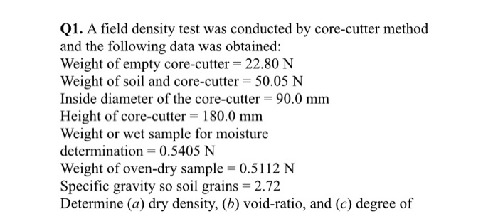 Solved Q1. A field density test was conducted by core-cutter | Chegg.com