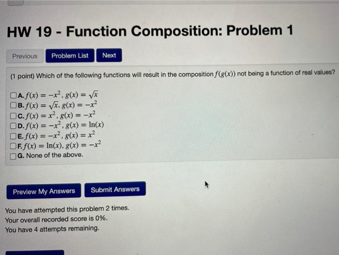 Solved HW 19 - Function Composition: Problem 1 Previous | Chegg.com