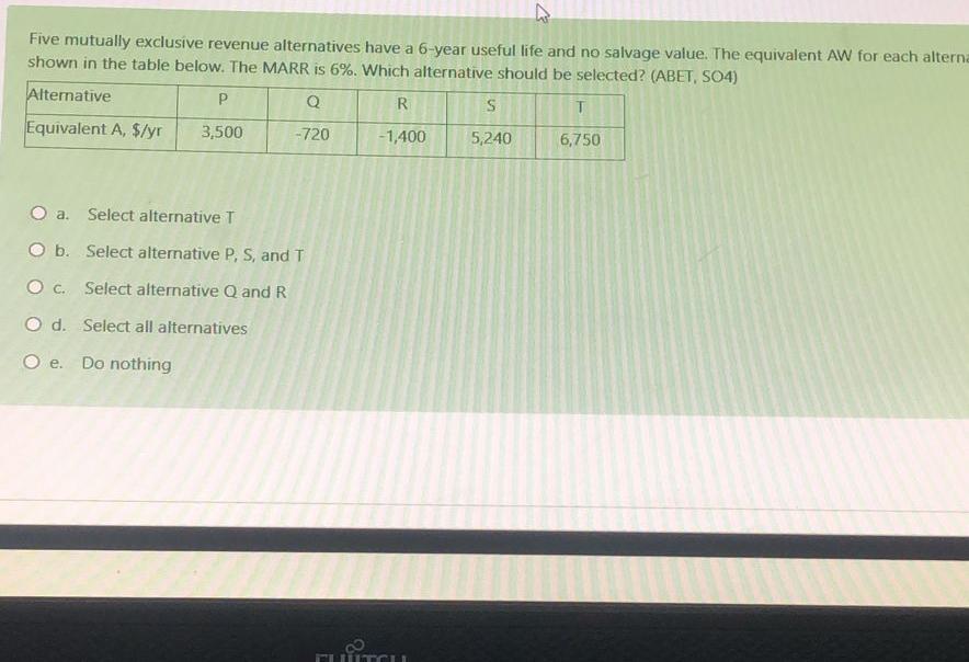 Solved Five mutually exclusive revenue alternatives have a | Chegg.com