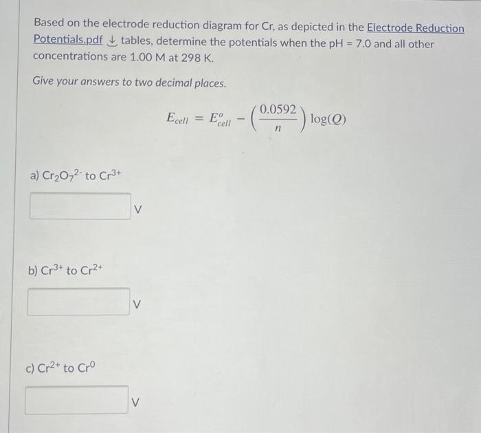 Based on the electrode reduction diagram for Cr, as | Chegg.com