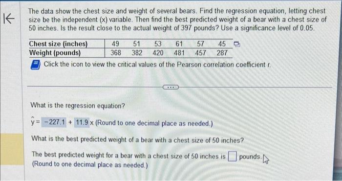 Solved 10.2 Q4 Part 2The best predicted weight for a bear | Chegg.com