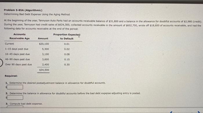 Solved Problem 5-85A (Algorithmic) Determining Bad Debt | Chegg.com