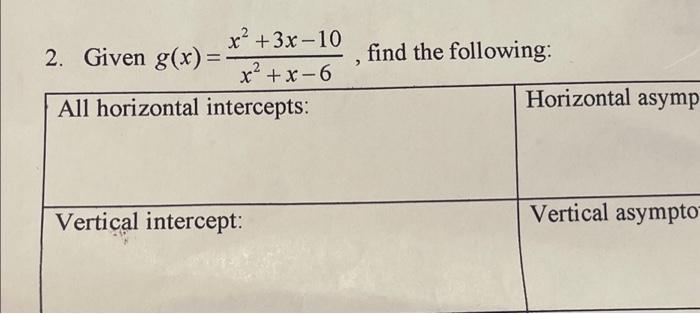 Solved 2. Given g(x) = x² +3x-10 x²+x-6 All horizontal | Chegg.com
