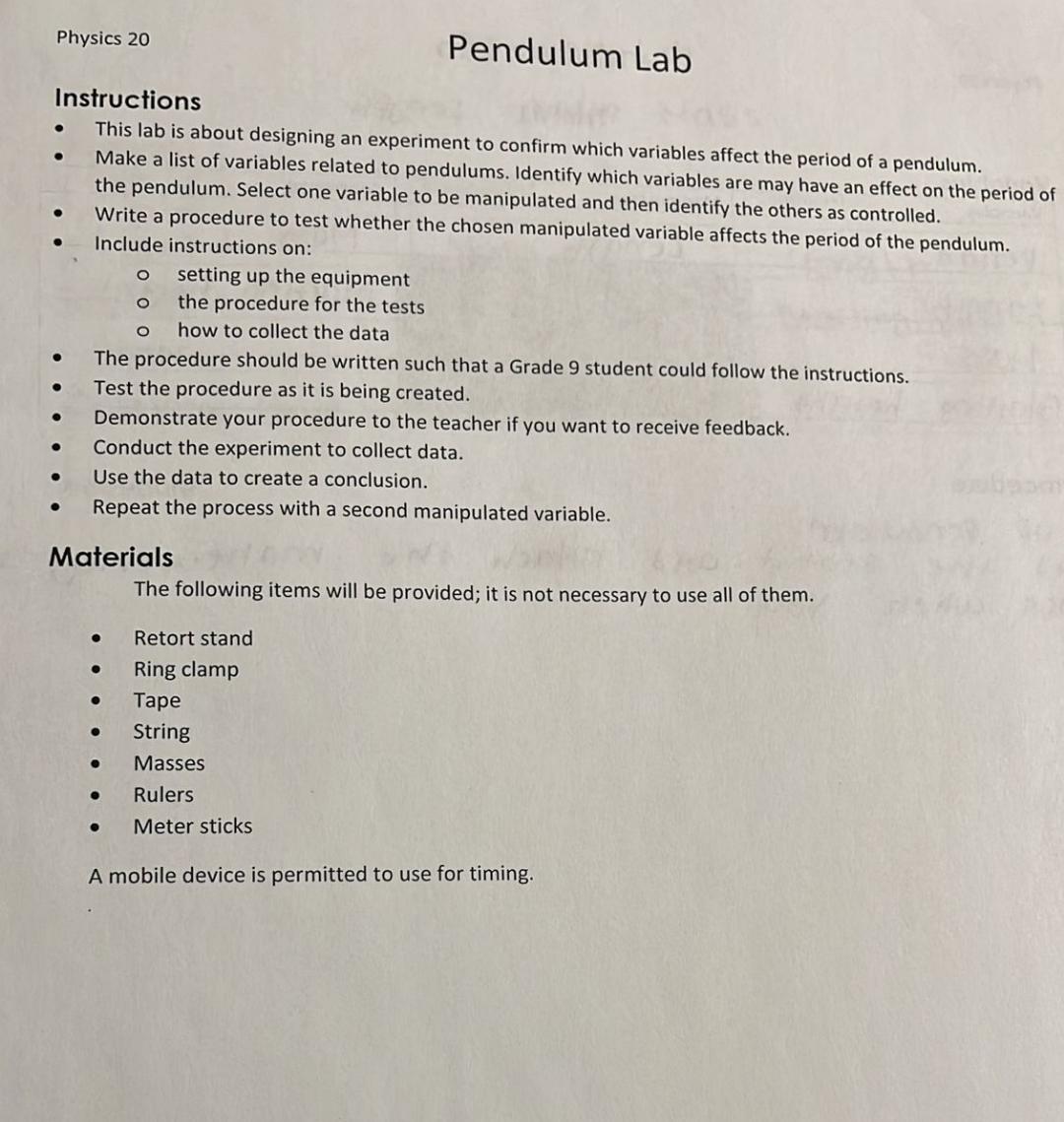Solved Physics 20Pendulum LabInstructionsThis lab is about | Chegg.com