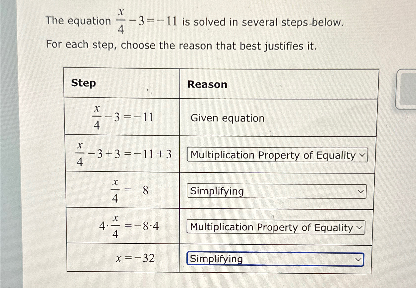 Solved The equation x4-3=-11 ﻿is solved in several steps | Chegg.com