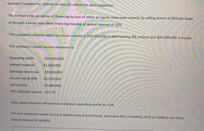 Solved Levered Company Inc, intends to raise $5 million for | Chegg.com