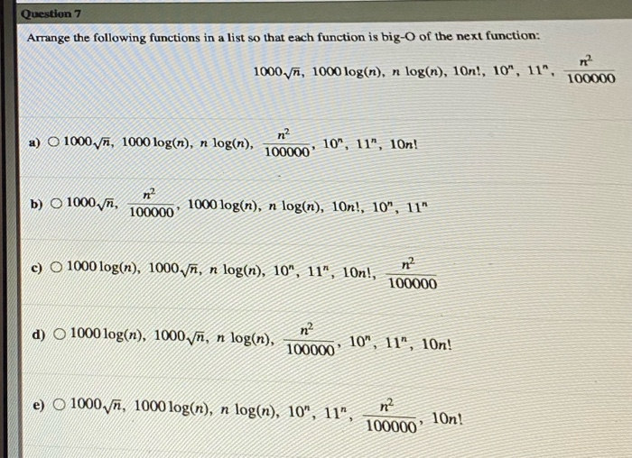 Solved Question 7 Arrange the following functions in a list | Chegg.com