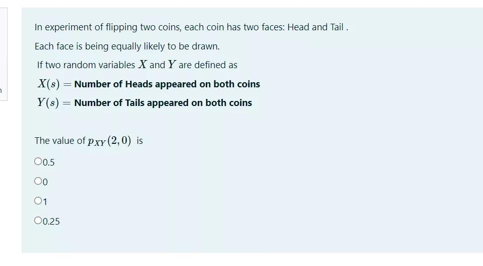 Solved In experiment of flipping two coins, each coin has | Chegg.com