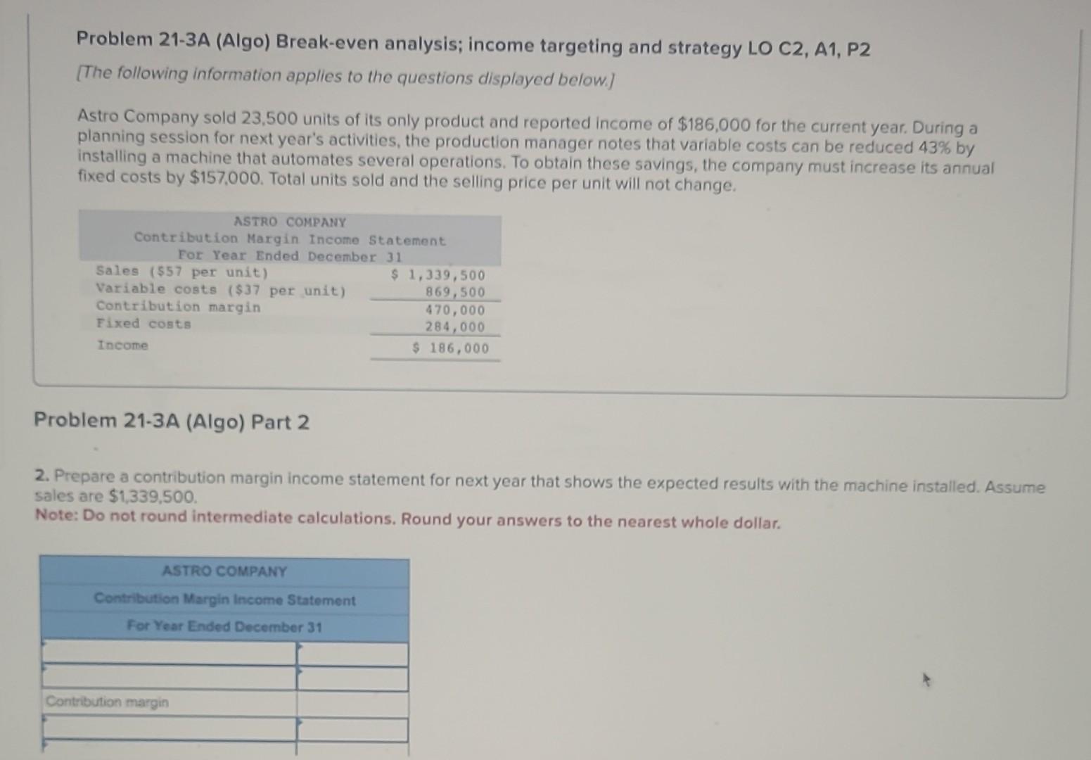 Solved Required information Problem 21-3A (Algo) Break-even | Chegg.com