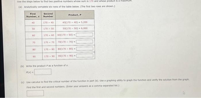 Solved Use the steps below to find two positive numbers | Chegg.com