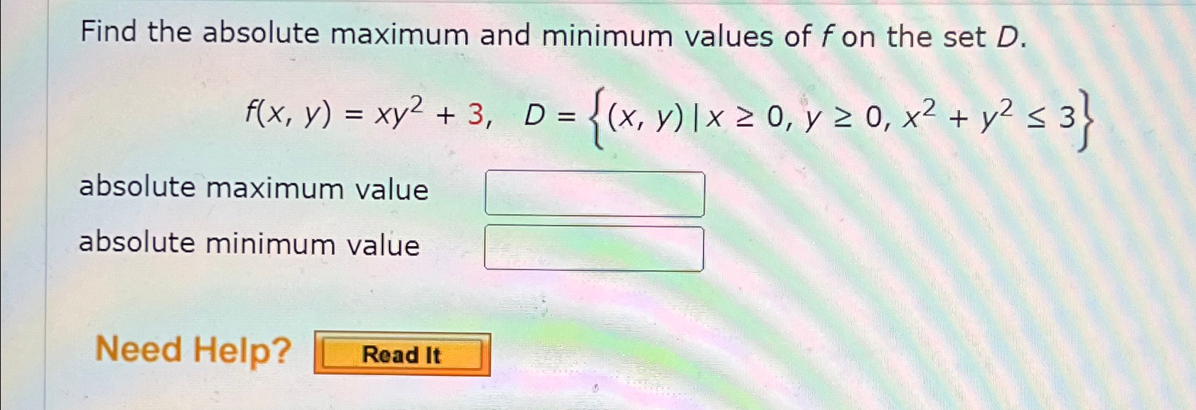 Solved Find the absolute maximum and minimum values of f ﻿on | Chegg.com