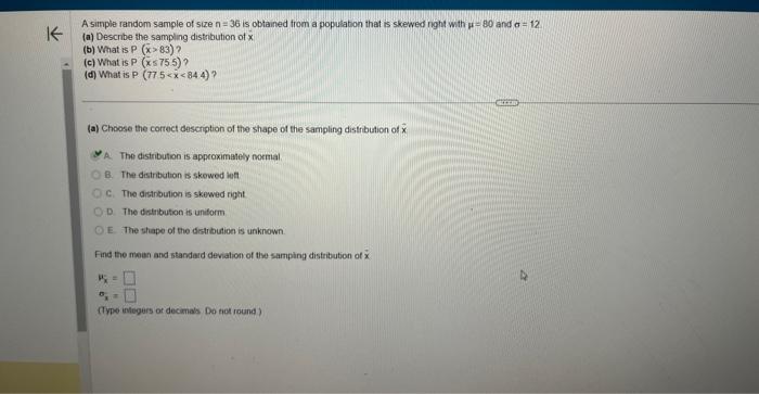 Solved A simple random sample of size n=36 is obtained from | Chegg.com