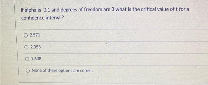 Solved If alpha is 0.1 and degrees of freedom are 3 what is | Chegg.com