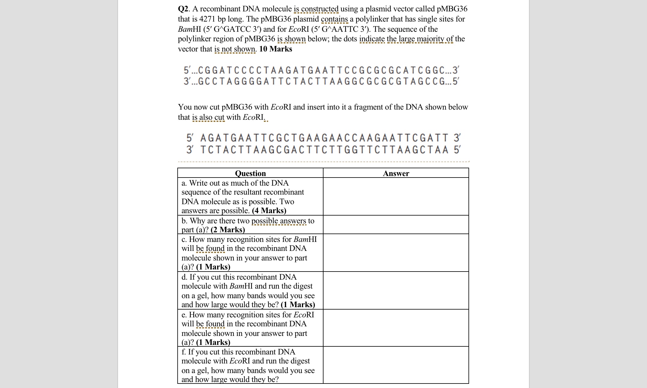 Solved Q2. ﻿A recombinant DNA molecule is constructed using | Chegg.com