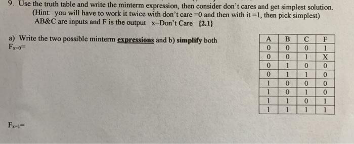 Solved 9. Use the truth table and write the minterm | Chegg.com