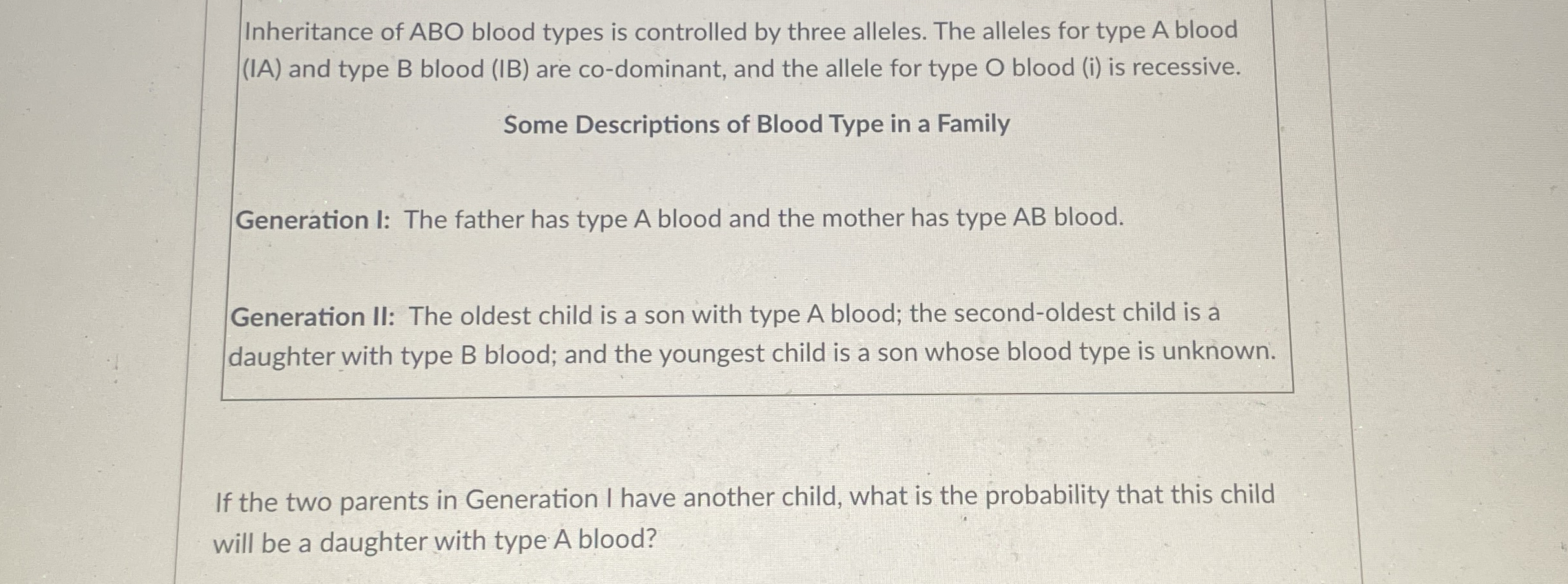Inheritance of ABO blood types is controlled by three | Chegg.com