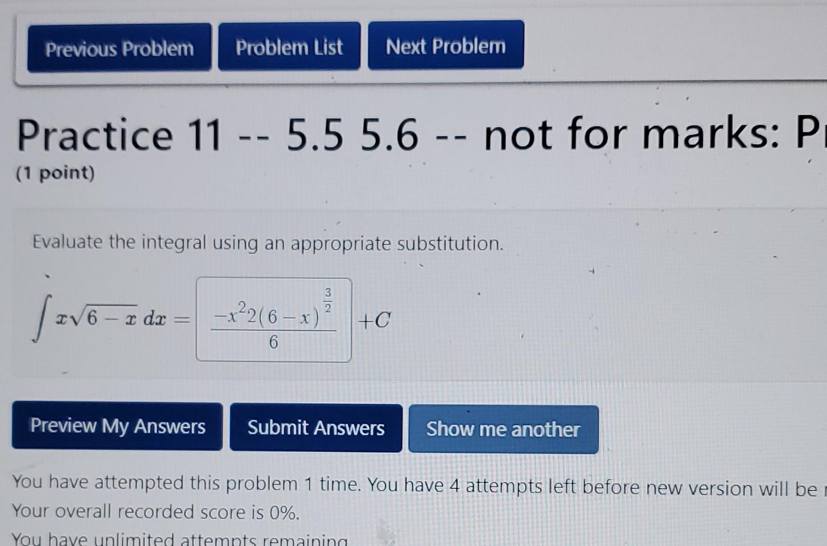 Solved integrate( x* squareroot(6-x)) dx. Using | Chegg.com