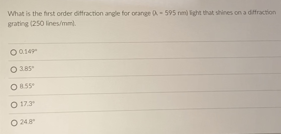 Solved What is the first order diffraction angle for orange | Chegg.com