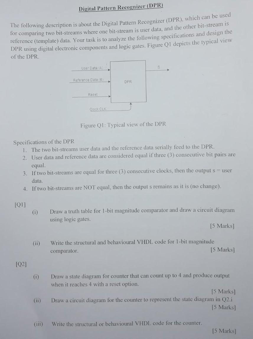 Solved Digital Pattern Recognizer Dpr The Following 