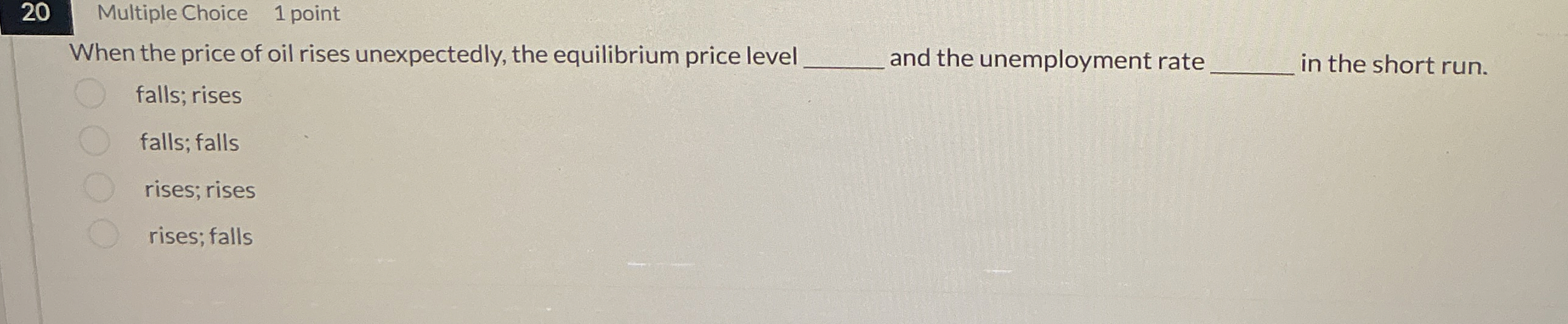 Solved 20Multiple Choice1 pointWhen the price of oil rises | Chegg.com Solved 20Multiple Choice1 pointWhen the price of oil rises | Chegg.com