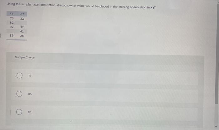 Solved Using the simple mean imputation strategy, what value | Chegg.com