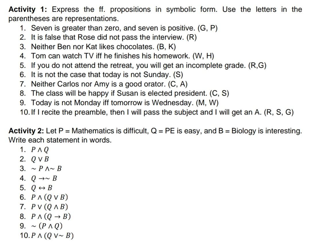 Solved Activity 1: Express the ff. propositions in symbolic | Chegg.com