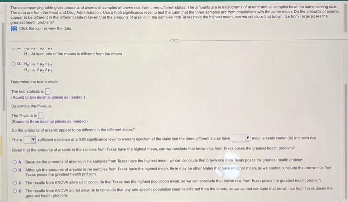 Solved The aooompanying table gives amounts of arsenic in | Chegg.com