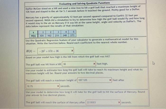 Solved Evaluating and Solving Quadratic Functions Duffer | Chegg.com