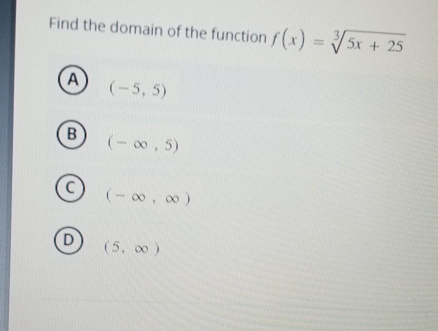Solved Find the domain of the function f(x)=35x+25 (−5,5) | Chegg.com