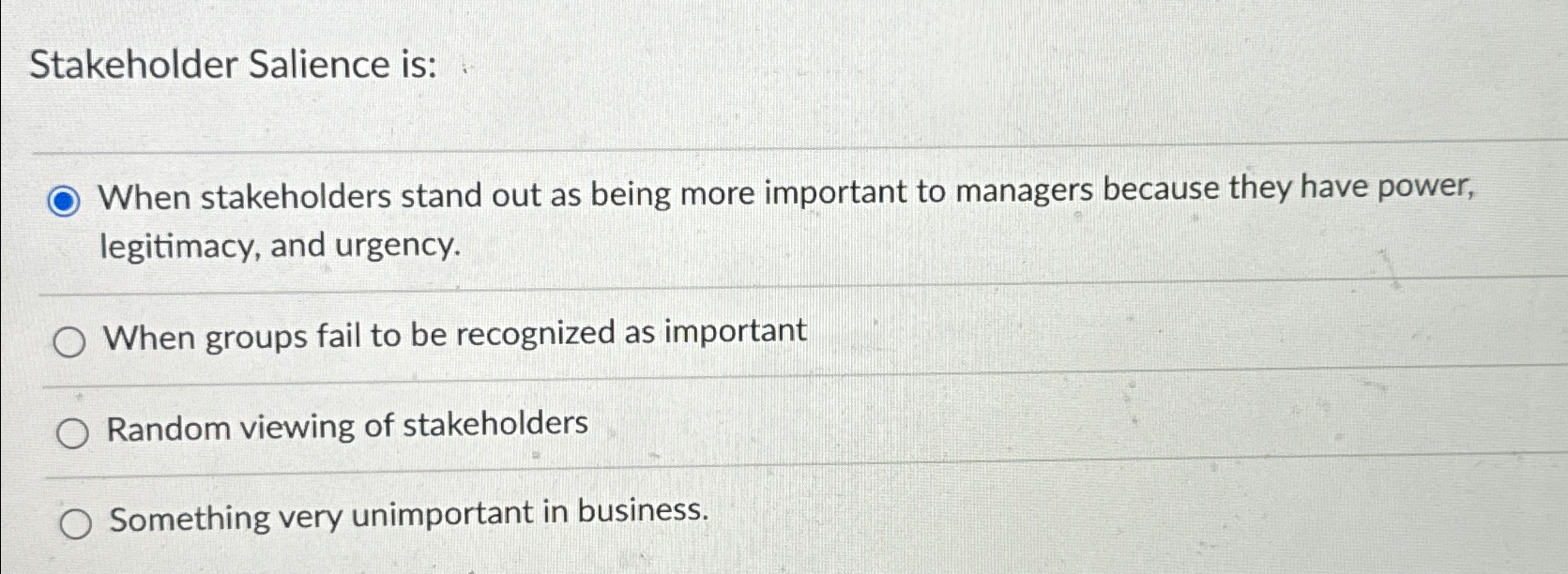 Solved Stakeholder Salience is:When stakeholders stand out | Chegg.com