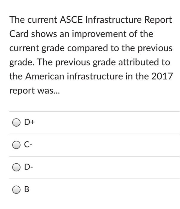 Solved The current ASCE Infrastructure Report Card shows an | Chegg.com