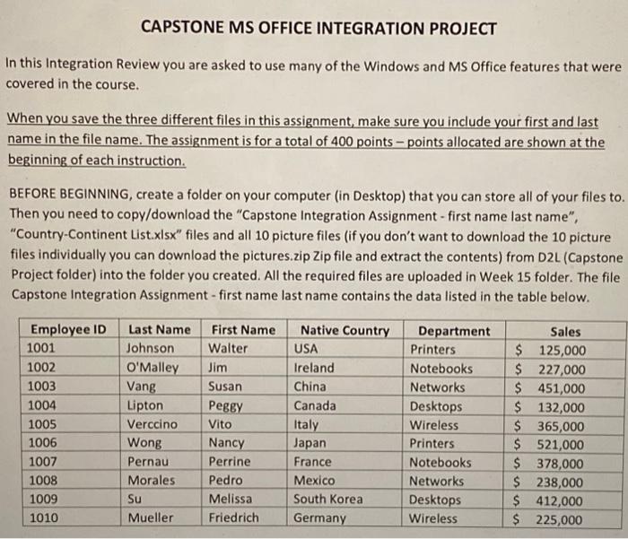 Solved CAPSTONE MS OFFICE INTEGRATION PROJECT In this | Chegg.com