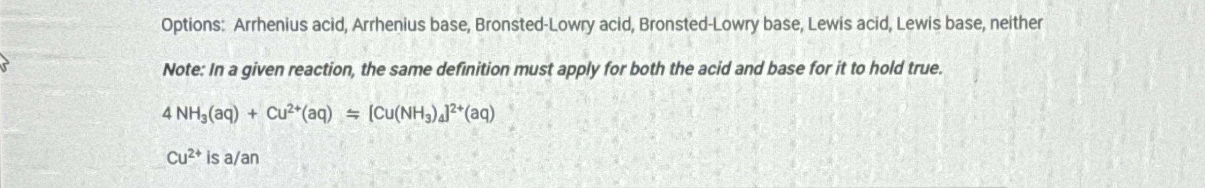Solved Options: Arrhenius acid, Arrhenius base, | Chegg.com