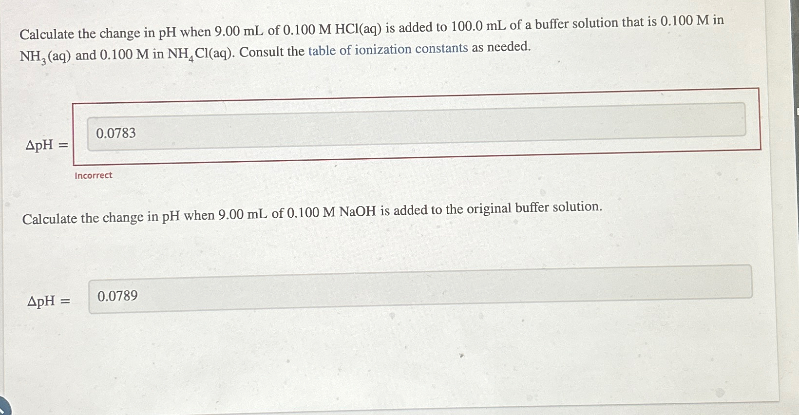 Solved Calculate the change in pH ﻿when 9.00mL ﻿of | Chegg.com
