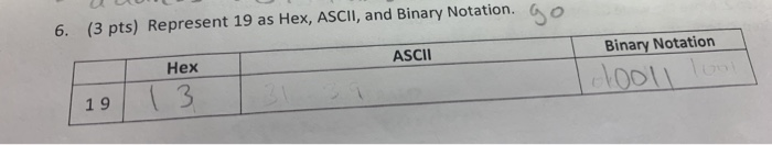 Solved 6. (3 pts) Represent 19 as Hex, ASCII, and Binary | Chegg.com