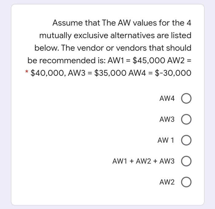 Solved Assume that The AW values for the 4 mutually | Chegg.com