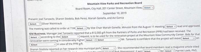 Mountain View Parks and Recreation Board Board Room, | Chegg.com
