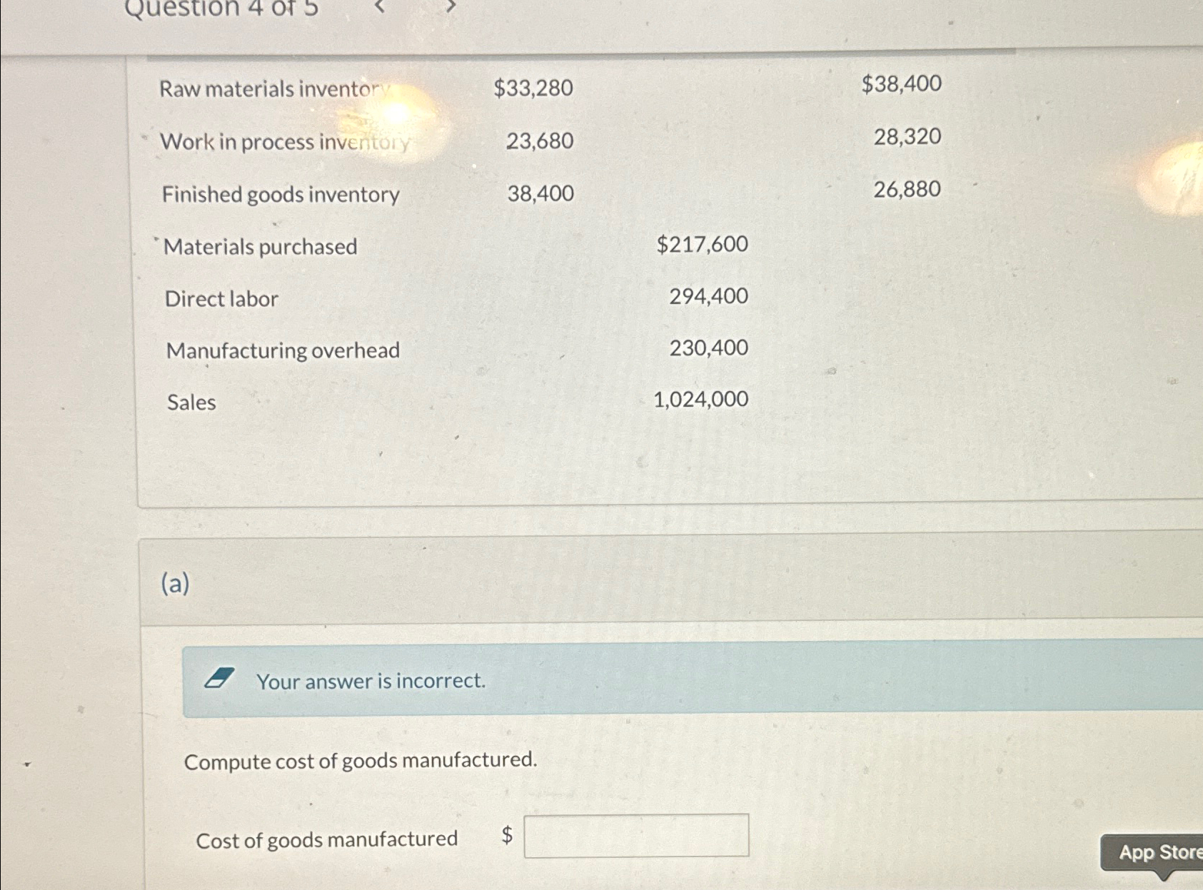 Solved \table[[Raw materials inventor,$33,280,$38,400 | Chegg.com