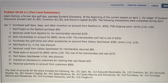 Solved CALCULATOR PRINTER VERSION 4 BACK NEX Problem 5A-SA | Chegg.com