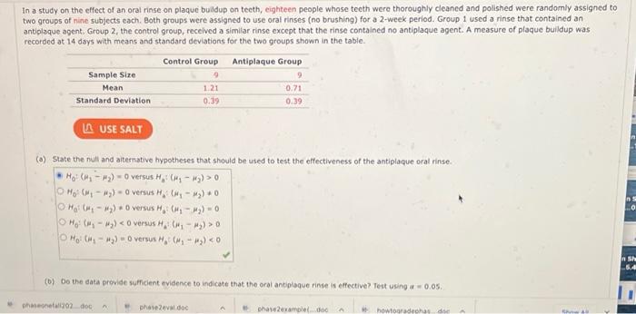 Solved In a study on the effect of an oral rinse on plaque | Chegg.com